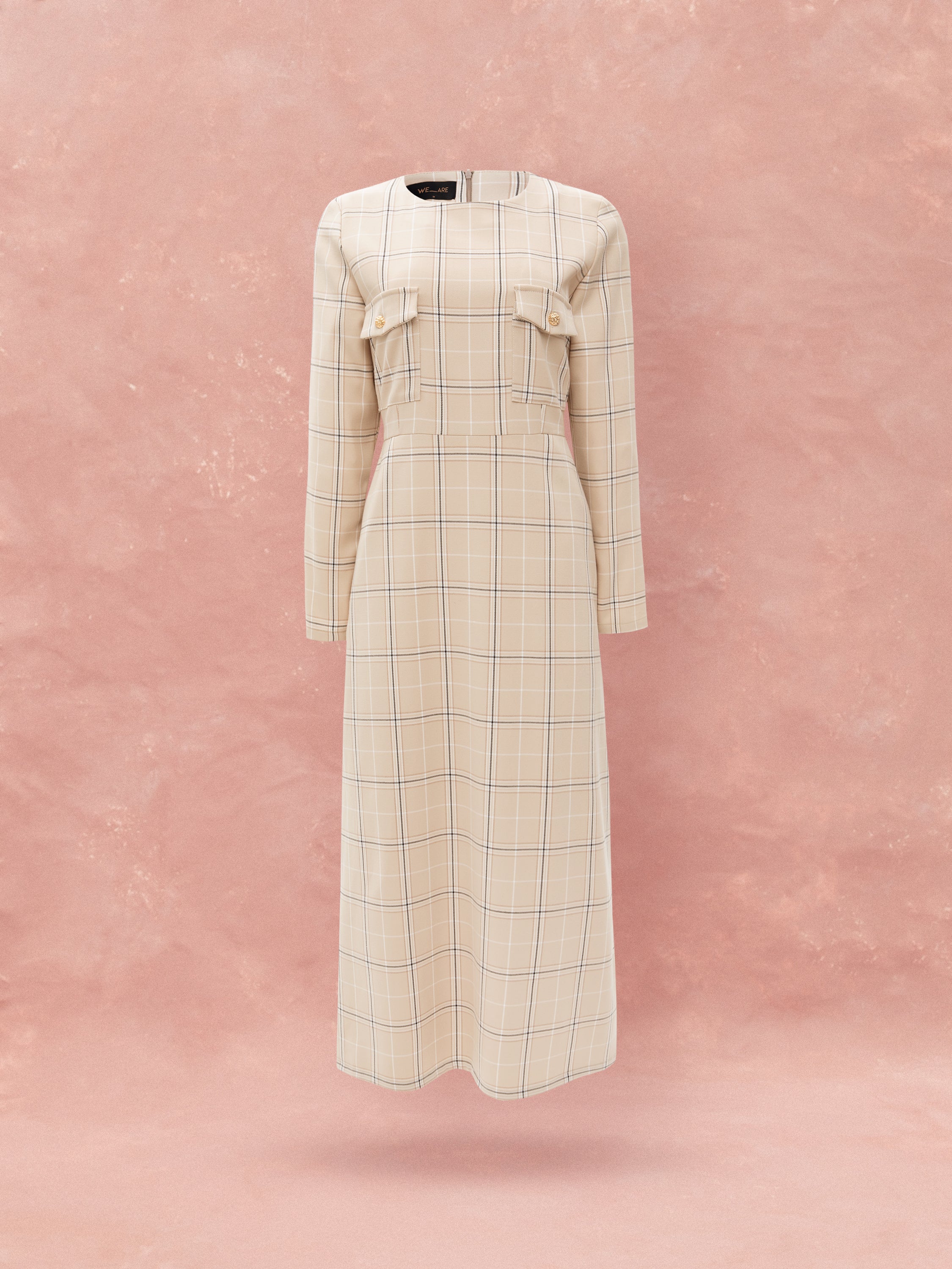 STRAIGHT LINE MIDI DRESS - CHECKED BEIGE – WE__ARE